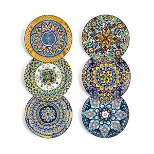 Dessert, Salad Plate Set 8.7 Inch, Colorful Ceramic Plates for Pasta, Appetizer, Snacks - Serving Dishes for Thanksgiving & Christmas, Dishwasher & Microwave Safe, Set of 6 - Bohemian Style