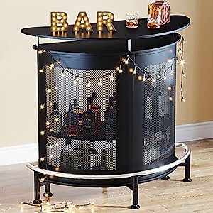 Tribesigns Bar Unit, 4 Tiers Home Bar Table with Storage and Stemware Holder, Liquor Mini Bar with Footrest and Crescent Shaped Counter for Home Pub (Black)
