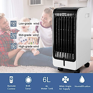COSTWAY Evaporative Cooler, Include Remote Control, 2 Ice Packs, Portable Bladeless Fan with 3 Modes, 3 Speeds, 8H Timer, LED Display, Air Cooler for Indoor Use, Bedroom (Black)