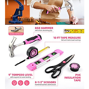 143 Pcs Pink Homeowner Tool Set with 3.6V Cordless Screwdriver General Household Hand Tool Kit with Plastic Tool box Storage Case for Women,Men