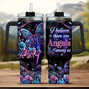 99OWL Butterfly Jewelry Angels, Tumbler 40 Oz With Handle Lid And Straw, Butterfly Gifts, Coffee Purple Navy Blue Royal Flower Light Floral Tumblers For Black Straws Glitter Women