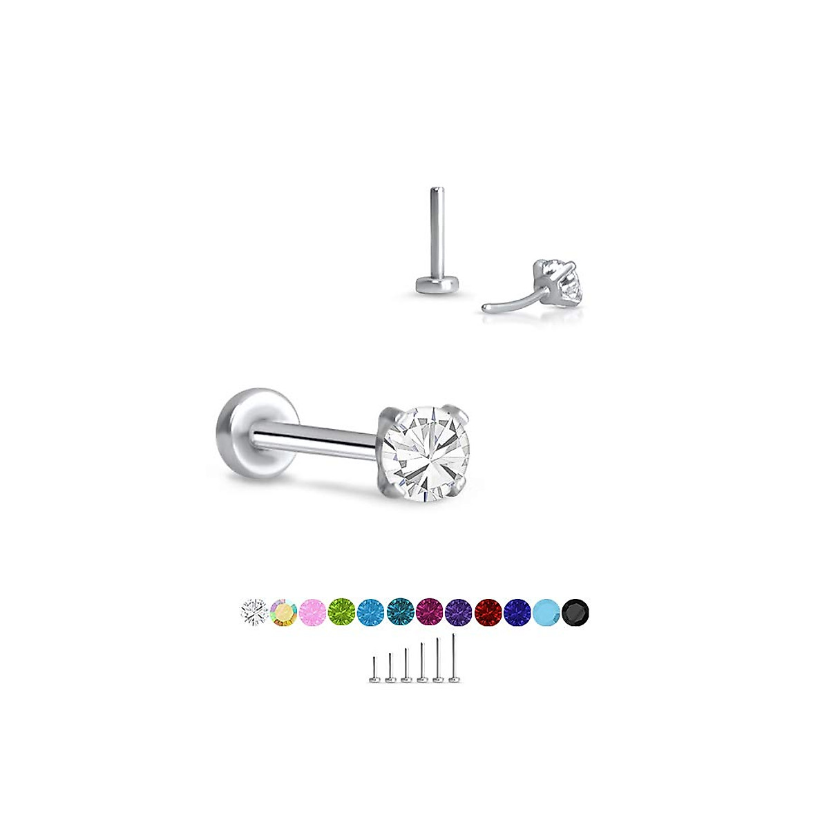 316 Stainless Steel Threadless Push Pin Nose Ring Labret Monroe Stud 2.5mm Prong Clear CZ 20G