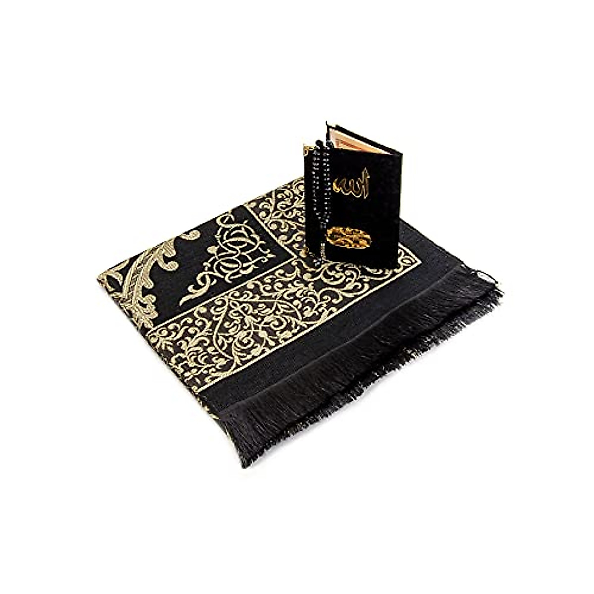 ihvan online Taffeta Fabric Muslim Prayer Rug & Velvet Covered Yaseen Surah Pocket-Size Book & Crystal Prayer Beads Set with Kraft Boxed, Perfect Islamic Ramadan Eid Gifts, Black