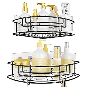 GAAKY Corner Shower Caddy, 3 Pack Corner Shower Shelf with Soap Holder and 4 Hooks, No Drilling Shower Organizer Adhesive Stainless Steel Shower Shelves for Bathroom Storage(Black)
