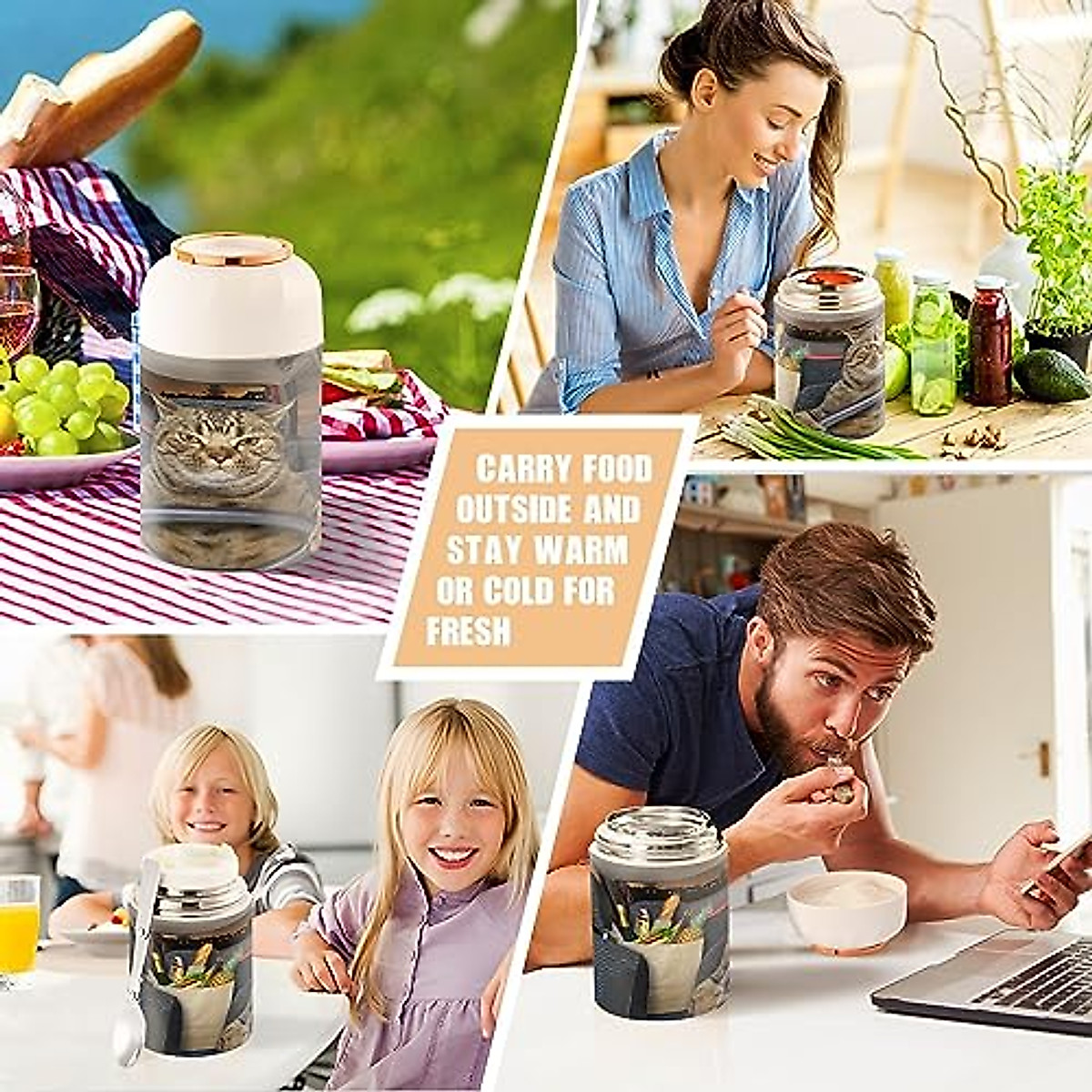 CUPADA Beige Cat Food Jar, Funny Insulated Hot Food Jars Vacuum 17OZ with Folding Spoon for Work Trip Picnic Camping