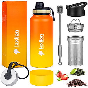 lexlion Water Bottle 32 Oz, Triple Walled Insulated Stainless Steel Reusable, Wide Mouth, Fruit Diffuser-Thermal Leaf Infuser, Silicone Sleeve&Cleaning Brush, 3 Lids Leak Proof, Metal