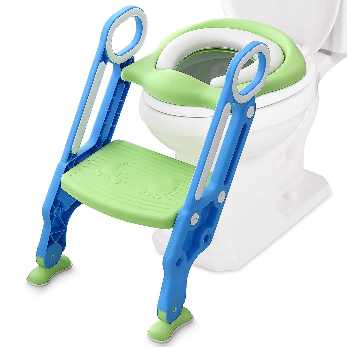 Potty Training Toilet Seat with Step Stool Ladder for Kids, Baby Toddler Toilet Training Seat with Soft Padded Seat, Safe Handles and Non-Slip Wide Step for Girls and Boys (Blue Green)