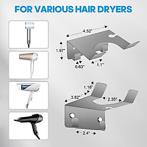 Hair Dryer Holder JWCE Blow Dryer Holder Wall Mounted Fit for Most Hair Dryers Self-Adhesive or Punch Installation for Bathroom (Silver)