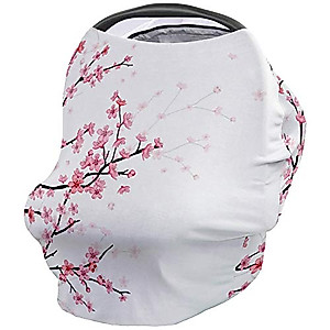 Baby Nursing Cover Carseat Canopy Spring Pink Cherry Blossom Flower Breathable Privacy Breastfeeding Scarf Nature Plant Floral Branch Multi Use Car Seat Covers for Boys or Girls