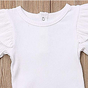 Mubineo Infant Baby Girl Basic Plain Rib Knit Ruffle Long Sleeve Romper Bodysuit Tops (White, 12-18 Months)