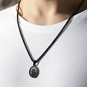 RS Black St Saint Joseph Medal Necklace for Men Boys Stainless Steel Pendant Chain Catholic Religious Baptism First Communion Confirmation Jewelry Gifts Teen Teenage Him Son