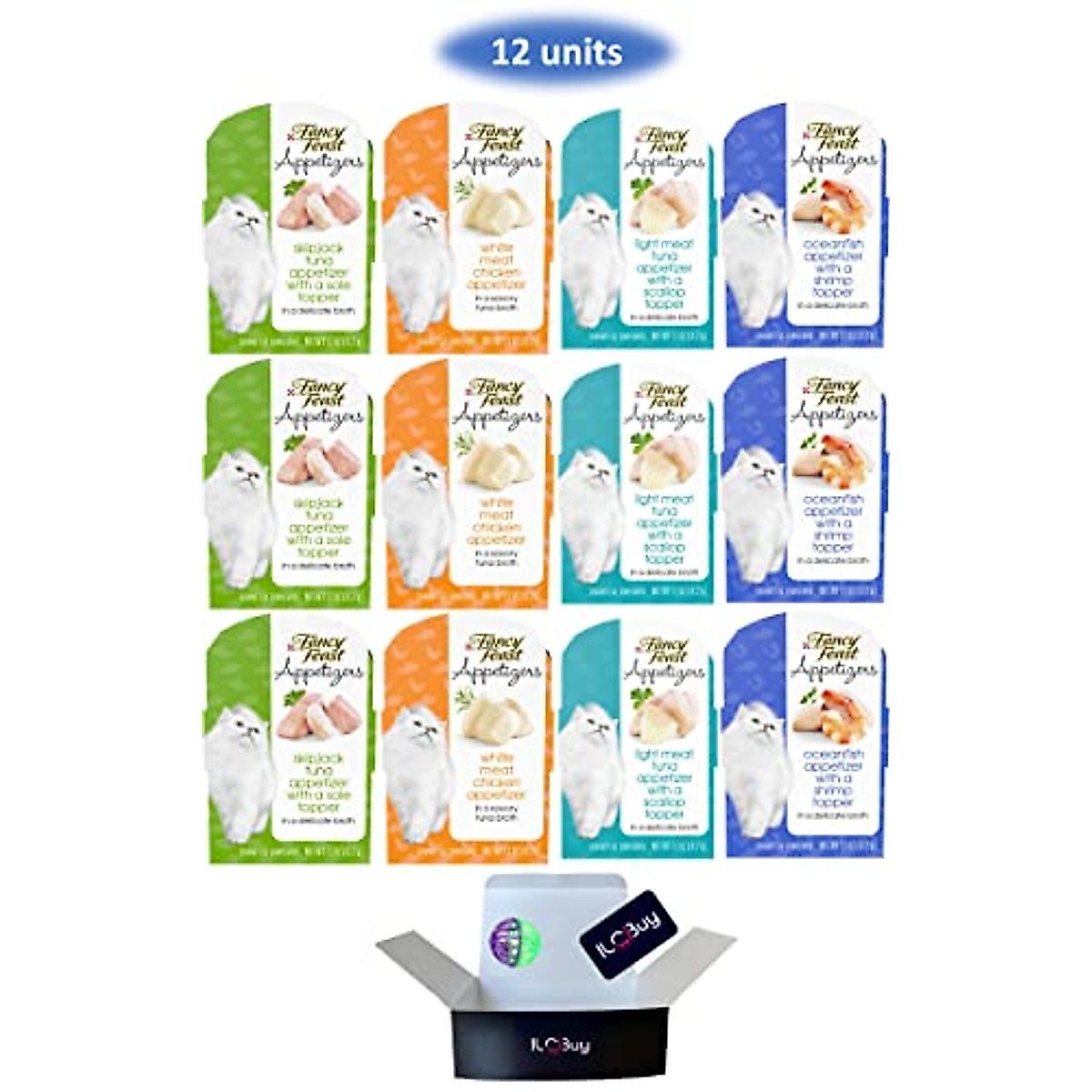 Purina Purely Fancy Feast Appetizers Cat Treats Flavor Variety Sampler Bundle of 12 Containers, (1.1 Ounces Each) with a Bundle a Plastic Noisy Cat Toy Ball and WMB's Sticker.