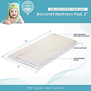 LA Baby Rectangular Bassinet Mattress Pad, 2" with 100% Organic Cotton Top Layer on Waterproof Cover - Made in USA