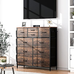 Himusi Dresser for Bedroom with 10 Drawers, Fabric Storage Tower with Side Pockets, Tall Chest of Drawers for Nursery, Hallway, Closets (Rustic Brown)