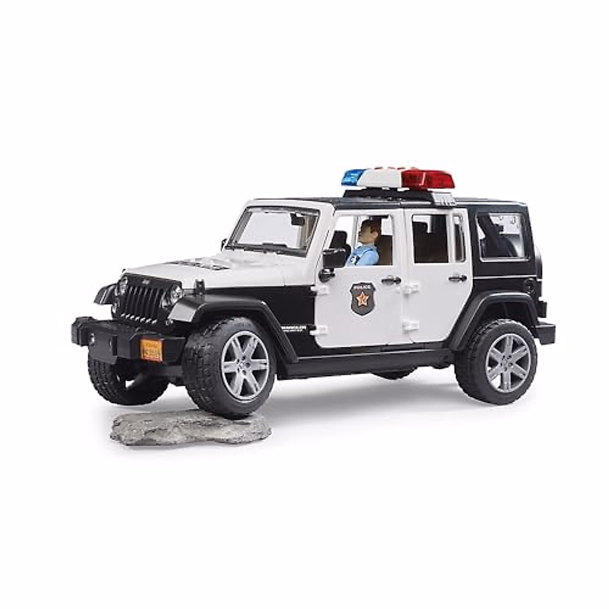 Bruder Toys - Emergency Realistic Jeep Wrangler Unlimited Rubicon Police Vehicle with Light Skintoned Policeman and Light and Sound Module with 4 Different Sounds - Ages 4+