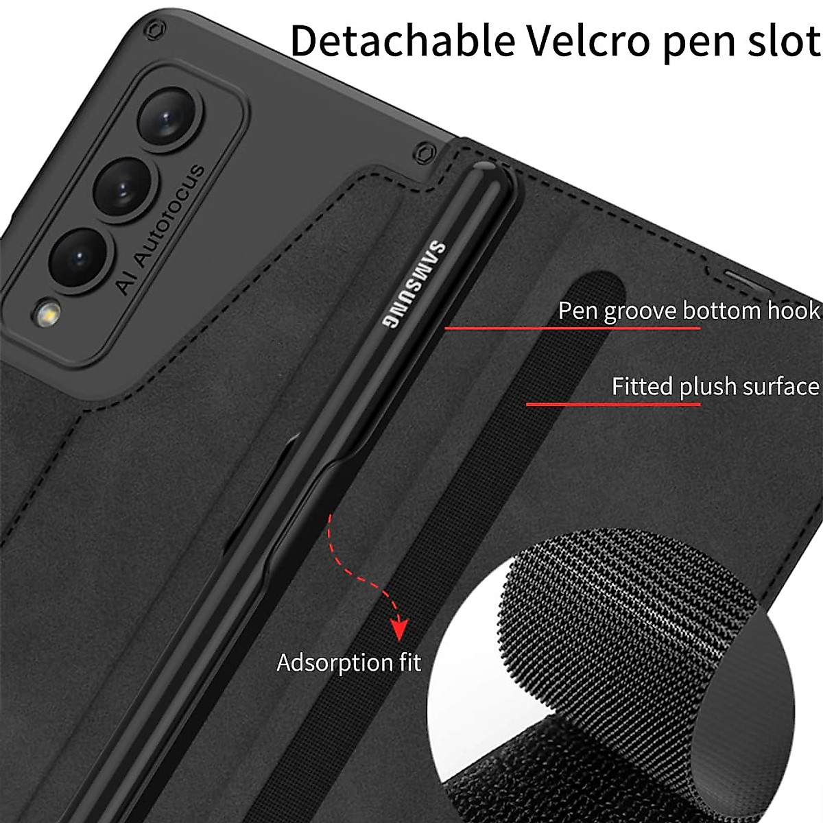 FYTON Galaxy Z Fold 4 Case with S Pen Holder (Removable), Z Fold 4 Case with Hinge Protection, Leather Case with Kickstand Function for Samsung Galaxy Z Fold 4 5G 2022, Black, Cloud Black