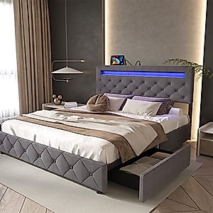 Full LED Bed Frame with Drawers, Upholstered Platform Bed Frame Full Size with Adjustable Button Tufted Headboard and 2 USB Ports, Solid Wooden Slats Support, Dark Grey
