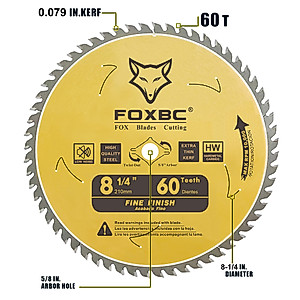 FOXBC 8-1/4 Inch Table Saw Blade 60 Tooth Fine Finish Wood Cutting with 5/8" Arbor, Diamond Knockout