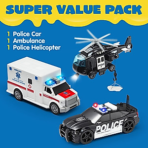 JOYIN Toddler Truck Toys for 3 4 5 6 7 Year Old Boys - Police Car Toy Set, Emergency Vehicle Playset, Kids Toys Cars, Friction Powered Car with Lights and Sounds, Birthday Gifts for Boys Girls Age 3-9