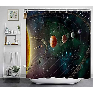 SKAILIÉ 4PCS Outer Space Shower Curtain Set, Sun Mercury Venus Earth Mars Jupiter Saturn Uranus Neptune Starry Sky Galaxy Universe Milky Way Solar System Educational Bathroom Decor, Non-Slip Bath Mat