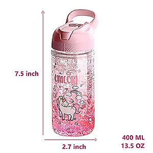 ANNAKIKI Unicorn Water Bottles for Girls, Cute Girls Water Bottles for School, Girls Unicorn Water Bottle with Straw and Safety lock, 400ML/13.5oz Kids Water Bottles for School Kids Girls, Pink