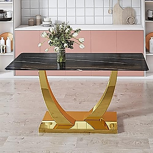 Maotifeys Luxury Black Faux Marble Dining Table Set for 6, Modern Kitchen Table with 6 Black Leather Dining Chairs 7-Piece Dining Table and Chairs for 6 with Polished Gold Metal Legs