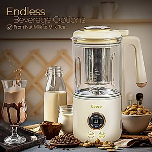 BEEZE Automatic Nut Milk Maker - 14oz Nut Milk Maker Machine - Almond Milk Maker - Milk Tea, Soy, Oat, Almond, Cashew, Coconut Milk, Glass Blender, Built In Strainer, Smart Touch, Recipe Book Included