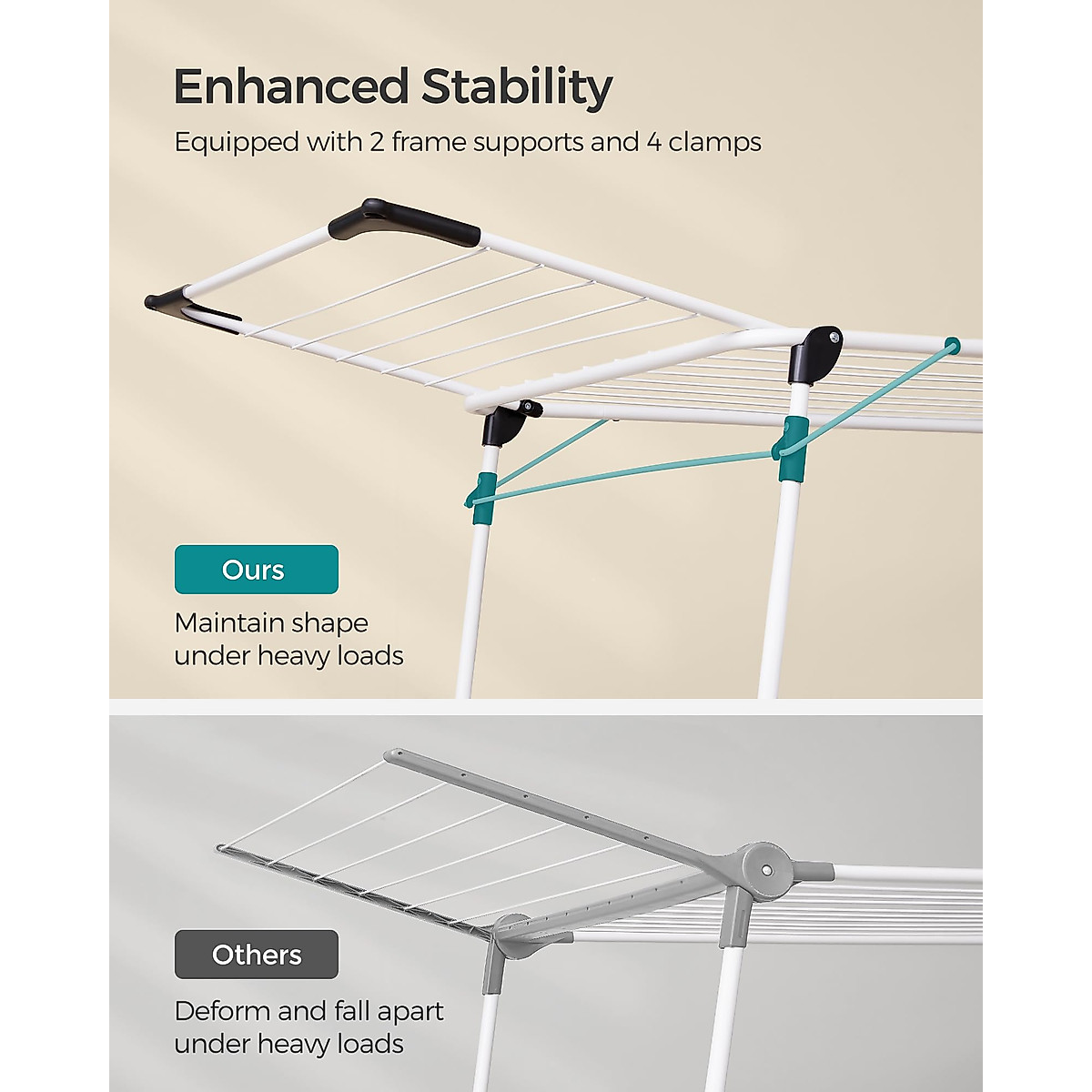 SONGMICS Clothes Drying Rack Foldable, Gullwing Laundry Drying Rack, Space-Saving, 22.2 x 68.1 x 38 Inches, Sock Clips, Metal Structure, for Clothes, Towels, Linens, Indoor, Outdoor White ULLR518W01