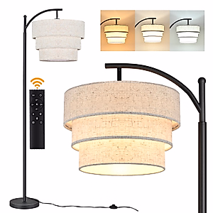 【Upgraded】Remote Control Arc Floor Lamp Stepless Dimmable 3 Color Temperature, Black Tall Pole Lamp, Modern Standing Lamps for Living Room, Bedrooms, Office, Unique 3-Layer Lampshade(Bulb Included)