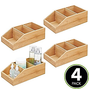 mDesign Bamboo Wood Compact Bathroom Storage Organizer Bin Box - 3 Divided Sections - Cabinets, Shelves, Countertops, Bedroom, Kitchen, Laundry Room, Closet, Garage, 4 Pack - Natural/Tan