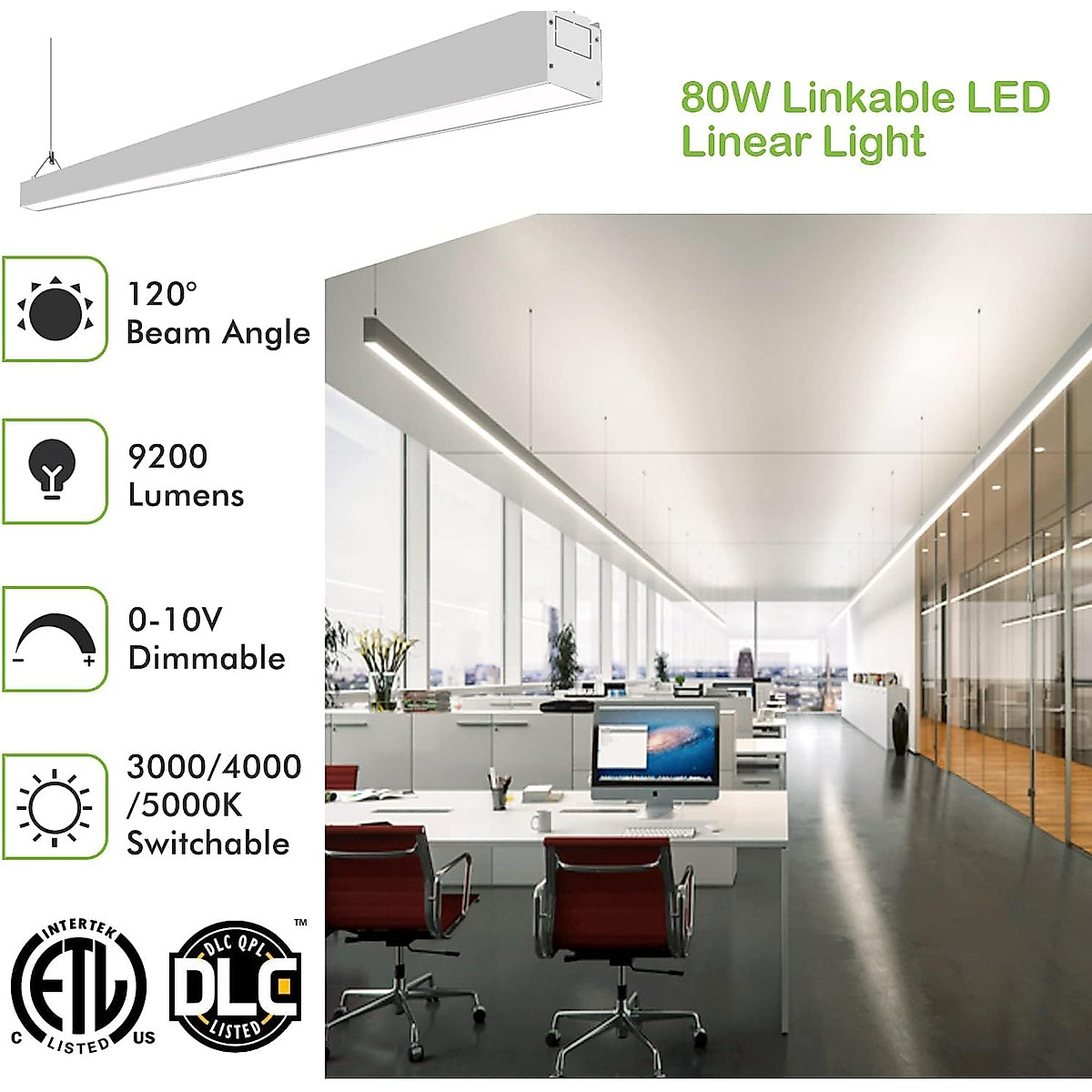 hykolity 8FT Linkable LED Linear Light, 80W 9200lm 3000K/4000K/5000K CCT Selectable, 0-10V Dimmable Architectural LED Suspension Office Lighting Fixture for Market, Garage, ETL,4 Pack - Silver