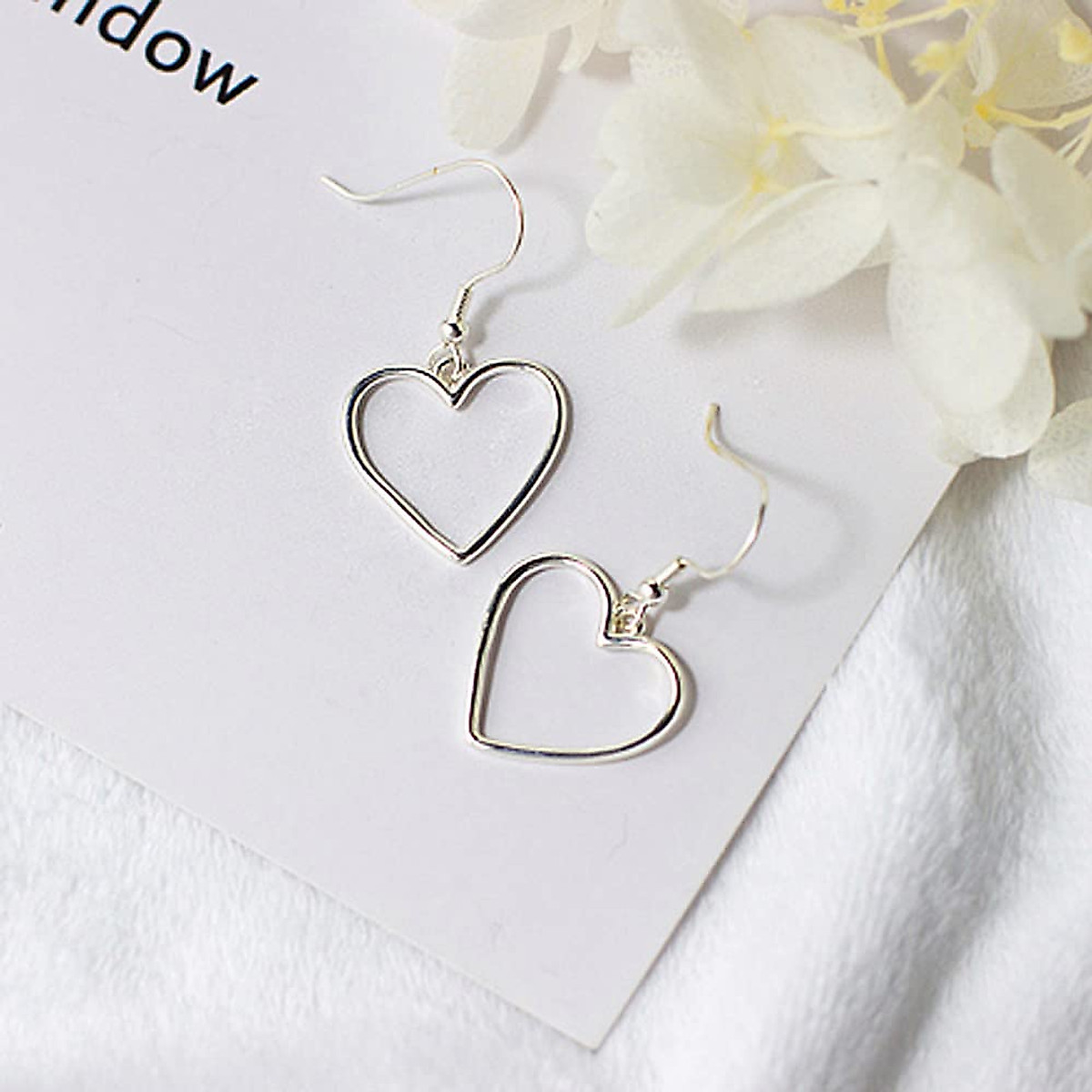 Dainty Minimalist Hollow Heart Love Small S925 Sterling Silver Plated Dangle Drop Earrings for Women Teen Girls Sensitive Ear Cute Heart Hook Dangling Hanging Hypoallergenic Wedding Fashion Jewelry