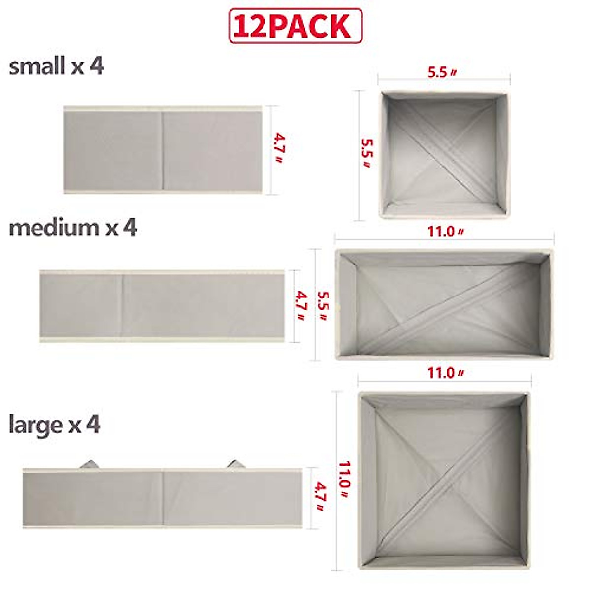 DIOMMELL 12 Pack Foldable Cloth Storage Box Closet Dresser Drawer Organizer Fabric Baskets Bins Containers Divider for Baby Clothes Underwear Bras Socks Lingerie Clothing,Grey 444