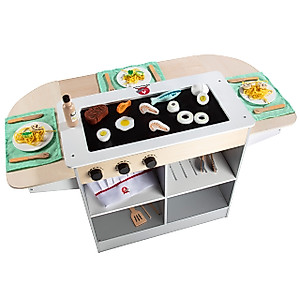 Hibachi Grill Wooden Kids Playset w/ Stools, Table Settings and Over 25 Toy Food Pieces - Noodles, Tongs, Meats, Veggies - Everything Your Little Chef Needs for Pretend Play Indoor Japanese Restaurant