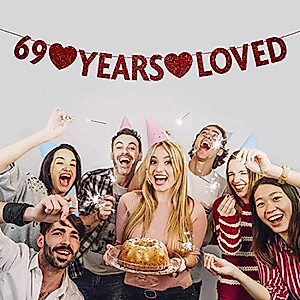 Red 69 Year Loved Banner, Red Glitter Happy 69th Birthday Party Decorations, Supplies