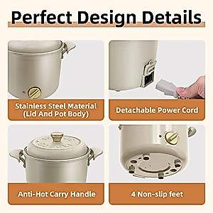 soseki Hot Pot Electric, 1.0L Electric Cooker with Non-Stick Pot, 800W Small Ramen Cooker Made of Stainless Steel For 1-2 people, Electric Pot For Oatmeal,Macaroni,Borscht(Gray)