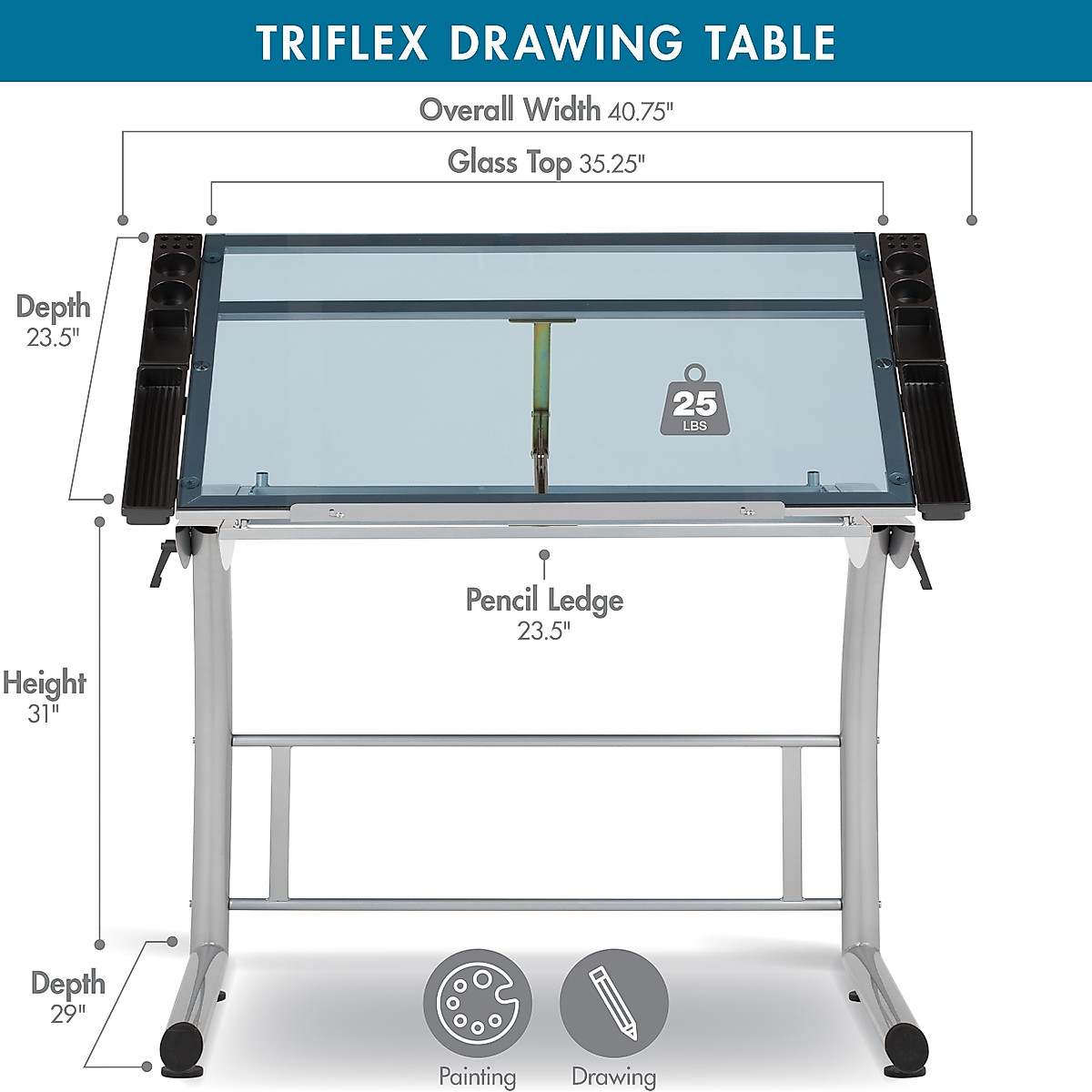 SD Studio Designs Triflex Drawing Table, Sit to Stand Up Adjustable Office Home Computer Desk, 35.25" W X 23.5" D, Silver/Blue Glass