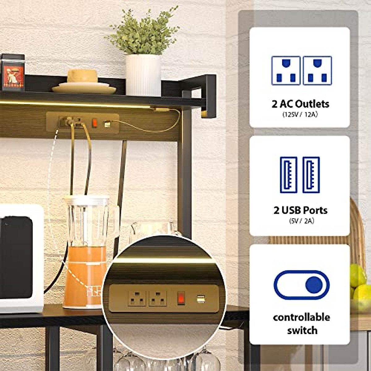 Topfurny Bakers Rack with Power Outlet, Microwave Stand, Kitchen Storage Shelf with Led Lights, Coffee Bar Station with Wine Glass Holder, Kitchen Rack for Spices, Pots, and Pans, Black