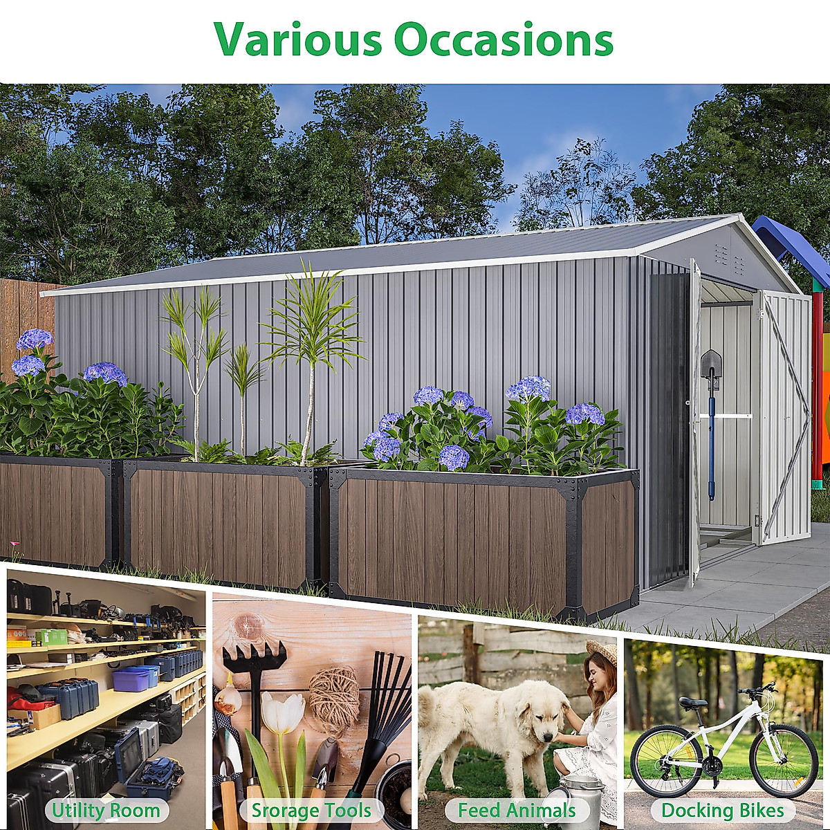 Large Outdoor Storage Shed, 11' X 13' Metal Galvanized Steel Garden Shed with Floor Frame, Utility Tool Shed Storage House for Backyard, Patio, Lawn