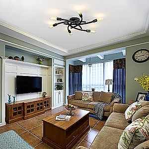 OUKAARY Industrial 6-Lights Semi Flush Mount Ceiling Light Fixture,Retro Black Metal Modern Sputnik Chandelier Ceiling Lamp, Mid Century Ceiling Lights with E26 Bulb Base for Farmhouse Kitchen,Room