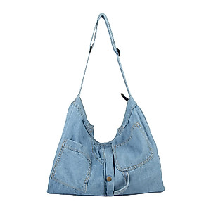Emprier Soft Denim Handbag for Women Casual Hobo Tote Bag Retro Crossbody Bag Large Capacity Denim Purses Light Blue