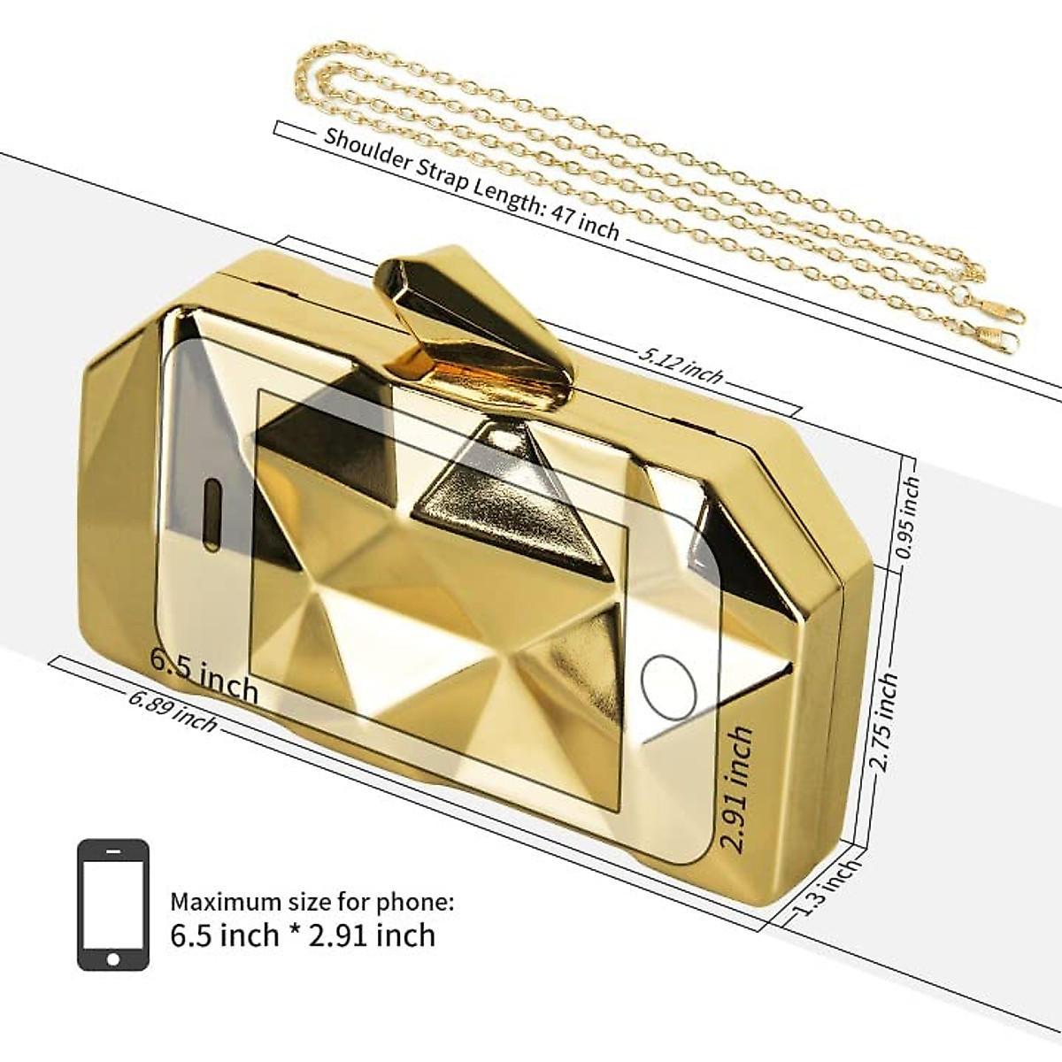 AmoVee Clutch with Chain Strap, Clutch Purses for Women Wedding，Evening Handbag for Party, Prom and Formal Occasion (Shiny Gold)