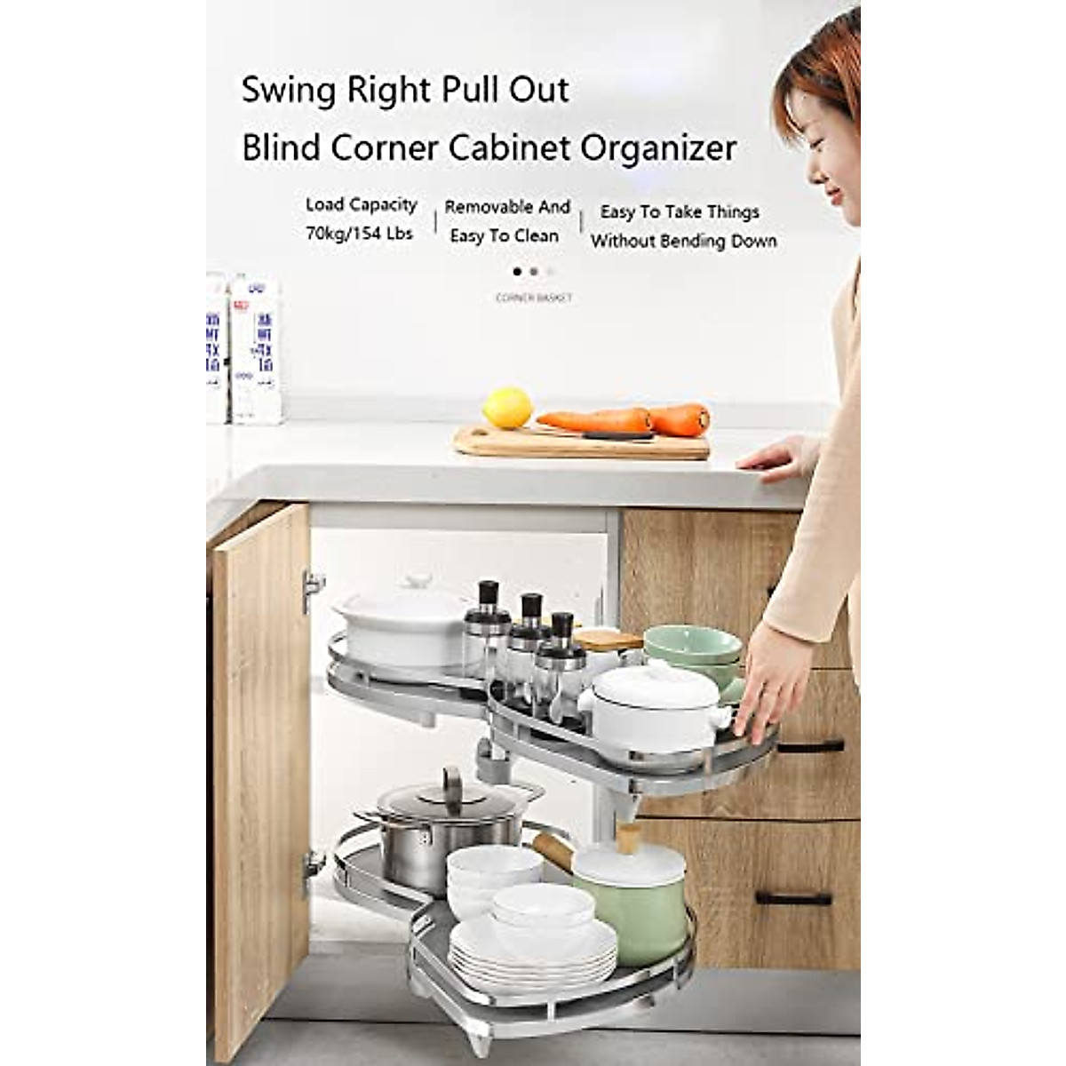 Blind Corner Cabinet Pull Out for More Than 860mm Cabinet Swing Left Pull Out Kitchen Cabinet Shelf Organizer with Soft Close And 2 Tiers Swing Tray, Left Open