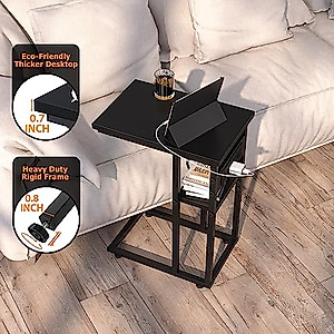 C Table End Table with Charging Station, 2 Tier C Shaped Side Table Bedside Tables with Power Outlets & USB Ports for Living Room Bedroom, C Shaped Sofa Couch Snack Tables for Small Space, Black