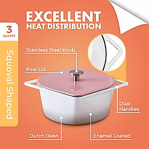 Bruntmor 3 Quart Cast Iron Enameled Dutch Oven - Modern Squoval Design - Nonstick Seasoned Pot with Stainless Steel Knob - Ideal for Christmas/Thanksgiving Dinner - White with Pink Lid