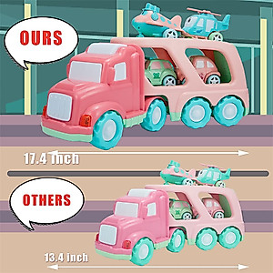 SHCKE Cartoon Pink Toy Cars for Girls, 5 in 1 Friction Powered Pink Truck Toy for Toddlers, Macaron Car/Airplane/Helicopter, Perfect Toddler Car Toy for Girls