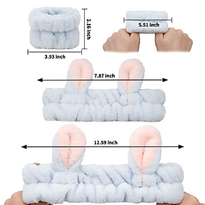 AMCAMI Bunny Ears Shower Set for Women - 6 Pcs Makeup Headbands with Wristband, Elastic Cosmetic Headbands for Face Washing