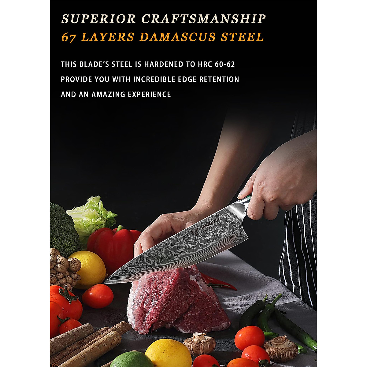 SANMUZUO Chef Knife - 8 inch - Xuan Series - VG10 Damascus Steel Kitchen Knife - Resin Handle (Fantasy Orange)