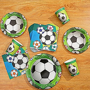 DUOCUTE Soccer Party Supplies 102PCS Sports Themed Children Birthday Paper Dinnerware Set Includes 9" Plates, 7" Plates, Cups, Napkins, Tablecloth and Banner, Serves 25