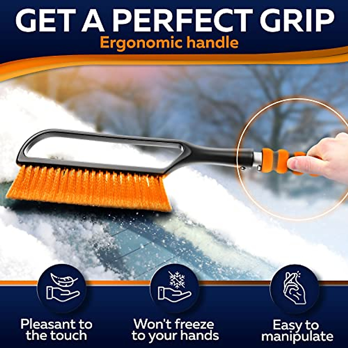 27" Snow Brush and Snow Scraper for Car, Ice Scrapers for Car Windshield with Foam Grip for Cars, SUV, Trucks - Detachable Сar Scraper - No Scratch - Heavy Duty Handle, Snow Broom, Remover, Orange